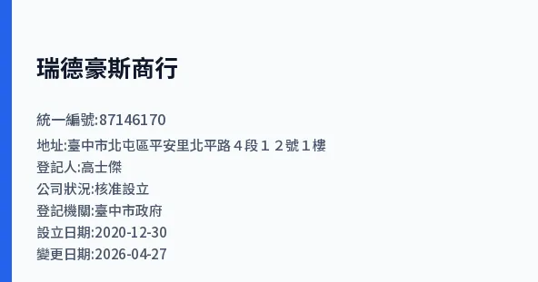瑞德豪斯商行的照片-統編 87146170(臺中市) 公司登記資料與營業項目詳細圖表