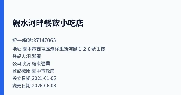 親水河畔餐飲小吃店的照片-統編 87147065(臺中市) 公司登記資料與營業項目詳細圖表