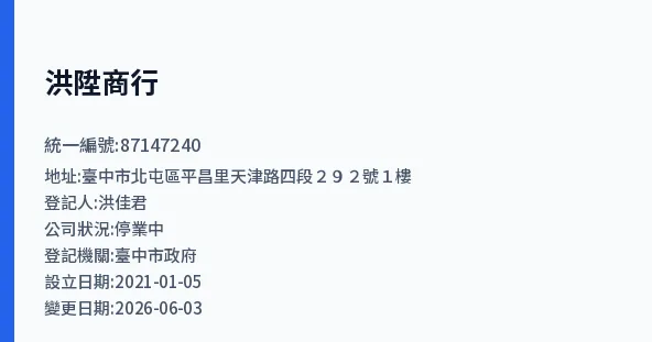洪陞商行的照片-統編 87147240(臺中市) 公司登記資料與營業項目詳細圖表