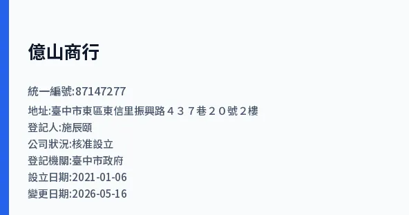 億山商行的照片-統編 87147277(臺中市) 公司登記資料與營業項目詳細圖表