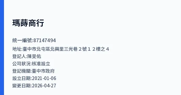 瑪蒔商行的照片-統編 87147494(臺中市) 公司登記資料與營業項目詳細圖表