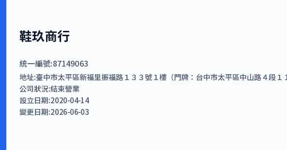 鞋玖商行的照片-統編 87149063(臺中市) 公司登記資料與營業項目詳細圖表
