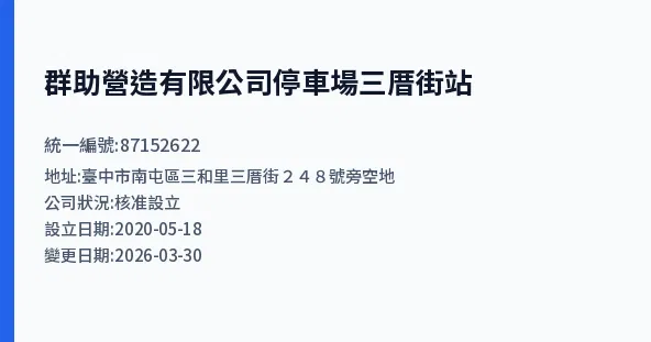 群助營造有限公司停車場三厝街站的照片-統編 87152622(臺中市) 公司登記資料與營業項目詳細圖表