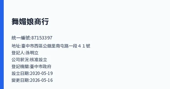 舞媚娘商行的照片-統編 87153397(臺中市) 公司登記資料與營業項目詳細圖表