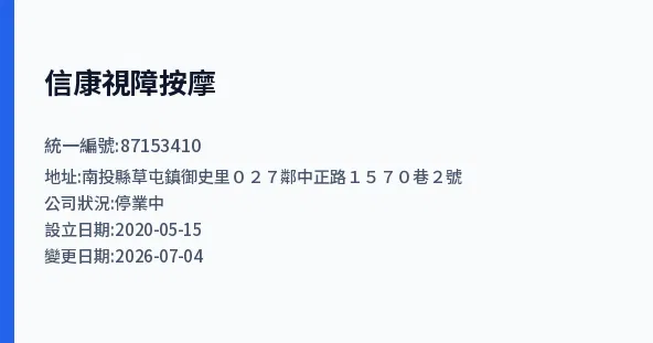信康視障按摩的照片-統編 87153410(南投縣) 公司登記資料與營業項目詳細圖表