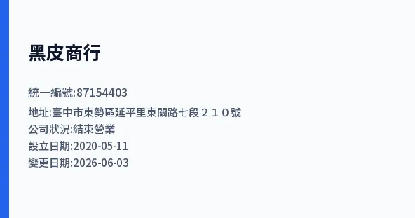 黑皮商行的照片-統編 87154403(臺中市) 公司登記資料與營業項目詳細圖表