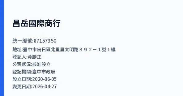 昌岳國際商行的照片-統編 87157350(臺中市) 公司登記資料與營業項目詳細圖表