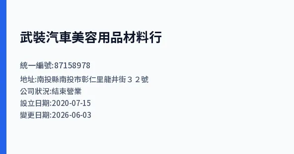 武裝汽車美容用品材料行的照片-統編 87158978(南投縣) 公司登記資料與營業項目詳細圖表
