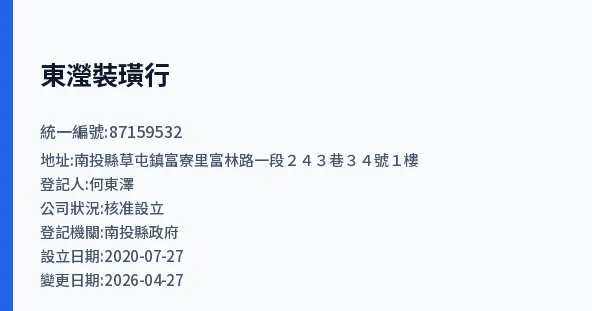 東瀅裝璜行的照片-統編 87159532(南投縣) 公司登記資料與營業項目詳細圖表