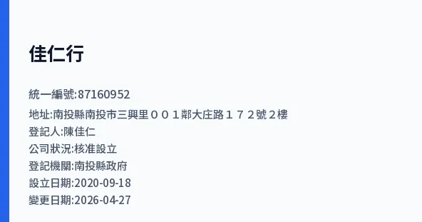 佳仁行的照片-統編 87160952(南投縣) 公司登記資料與營業項目詳細圖表