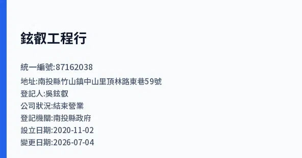 鉉叡工程行的照片-統編 87162038(南投縣) 公司登記資料與營業項目詳細圖表