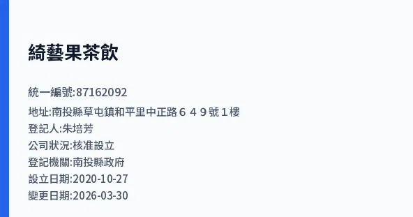 綺藝果茶飲的照片-統編 87162092(南投縣) 公司登記資料與營業項目詳細圖表