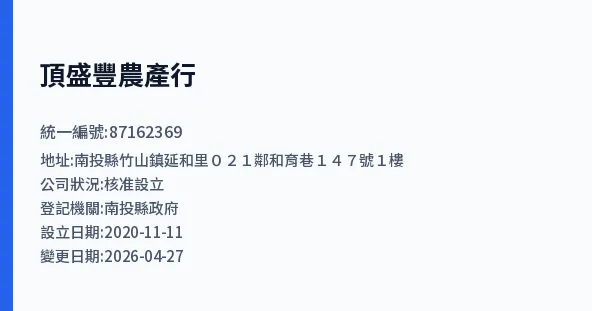 頂盛豐農產行的照片-統編 87162369(南投縣) 公司登記資料與營業項目詳細圖表