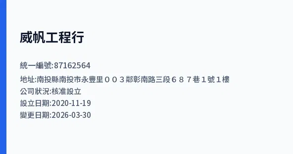威帆工程行的照片-統編 87162564(南投縣) 公司登記資料與營業項目詳細圖表