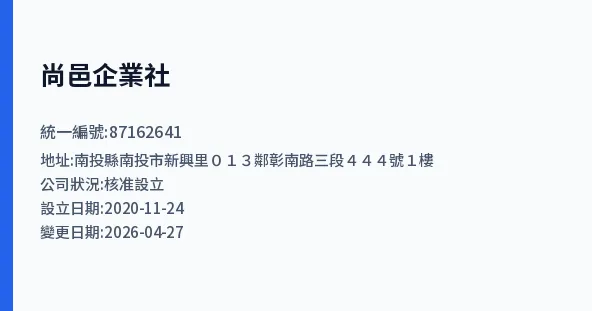 尚邑企業社的照片-統編 87162641(南投縣) 公司登記資料與營業項目詳細圖表