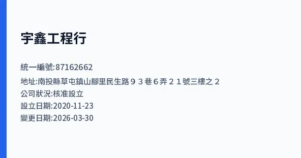 宇鑫工程行的照片-統編 87162662(南投縣) 公司登記資料與營業項目詳細圖表