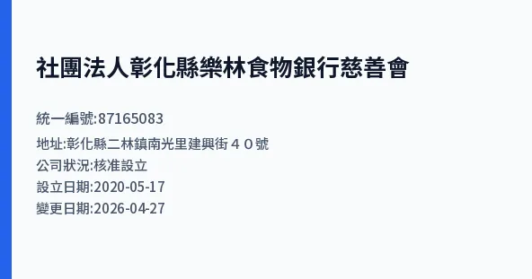社團法人彰化縣樂林食物銀行慈善會的照片-統編 87165083(彰化縣) 公司登記資料與營業項目詳細圖表