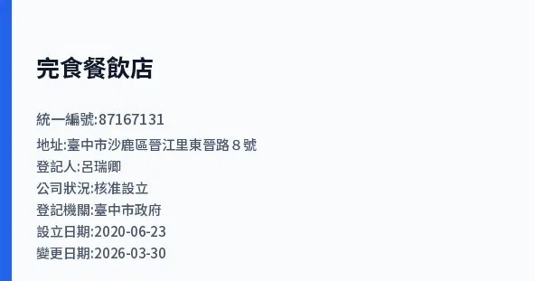完食餐飲店的照片-統編 87167131(臺中市) 公司登記資料與營業項目詳細圖表