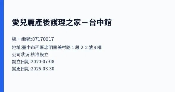 愛兒麗產後護理之家-台中館的照片-統編 87170017(臺中市) 公司登記資料與營業項目詳細圖表