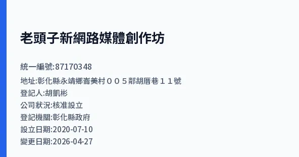 老頭子新網路媒體創作坊的照片-統編 87170348(彰化縣) 公司登記資料與營業項目詳細圖表