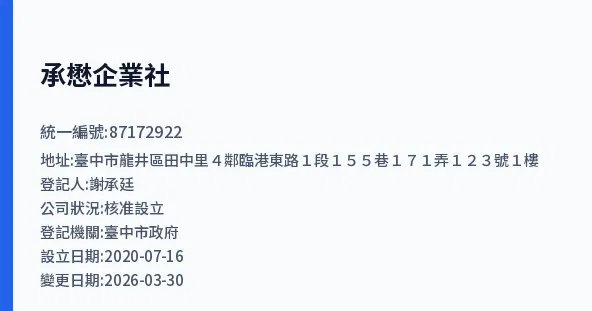 承懋企業社的照片-統編 87172922(臺中市) 公司登記資料與營業項目詳細圖表