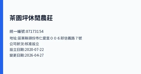 茶園坪休閒農莊的照片-統編 87173154(苗栗縣) 公司登記資料與營業項目詳細圖表