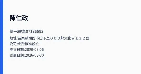陳仁政的照片-統編 87176693(苗栗縣) 公司登記資料與營業項目詳細圖表
