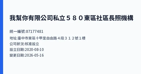 我幫你有限公司私立580東區社區長照機構的照片-統編 87177481(臺中市) 公司登記資料與營業項目詳細圖表