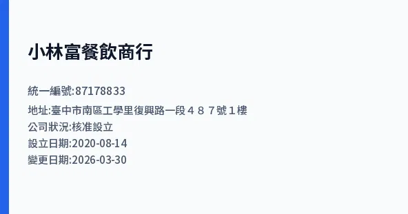 小林富餐飲商行的照片-統編 87178833(臺中市) 公司登記資料與營業項目詳細圖表