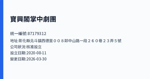 寶興閣掌中劇團的照片-統編 87179312(彰化縣) 公司登記資料與營業項目詳細圖表