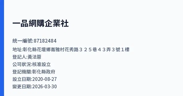 一品網購企業社的照片-統編 87182484(彰化縣) 公司登記資料與營業項目詳細圖表