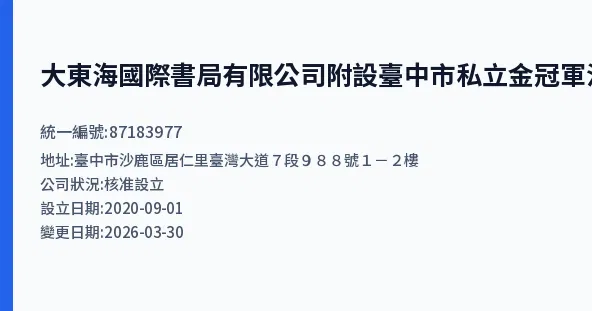 大東海國際書局有限公司附設臺中市私立金冠軍法商短期補習班的照片-統編 87183977(臺中市) 公司登記資料與營業項目詳細圖表