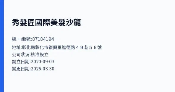 秀髮匠國際美髮沙龍的照片-統編 87184194(彰化縣) 公司登記資料與營業項目詳細圖表