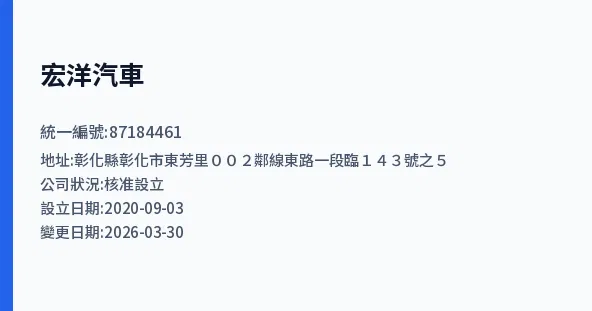 宏洋汽車的照片-統編 87184461(彰化縣) 公司登記資料與營業項目詳細圖表