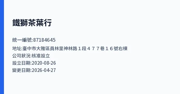 鐵獅茶葉行的照片-統編 87184645(臺中市) 公司登記資料與營業項目詳細圖表