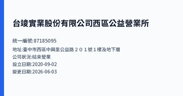 台竣實業股份有限公司西區公益營業所的照片-統編 87185095(臺中市) 公司登記資料與營業項目詳細圖表