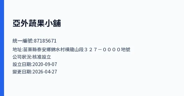 亞外蔬果小舖的照片-統編 87185671(苗栗縣) 公司登記資料與營業項目詳細圖表