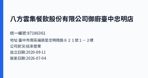 八方雲集餐飲股份有限公司御廚臺中忠明店的照片-統編 87186361(臺中市) 公司登記資料與營業項目詳細圖表