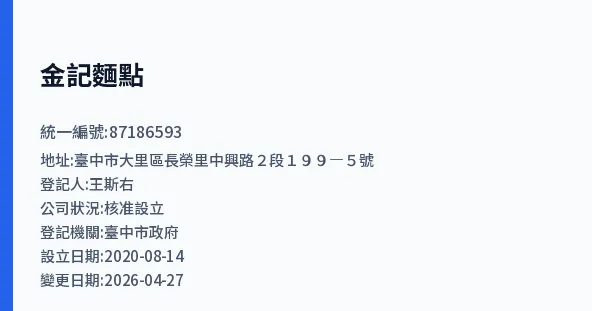 金記麵點的照片-統編 87186593(臺中市) 公司登記資料與營業項目詳細圖表