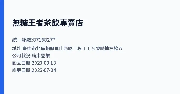 無糖王者茶飲專賣店的照片-統編 87188277(臺中市) 公司登記資料與營業項目詳細圖表