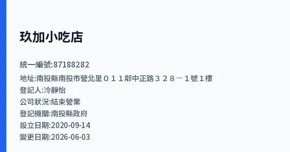 玖加小吃店的照片-統編 87188282(南投縣) 公司登記資料與營業項目詳細圖表