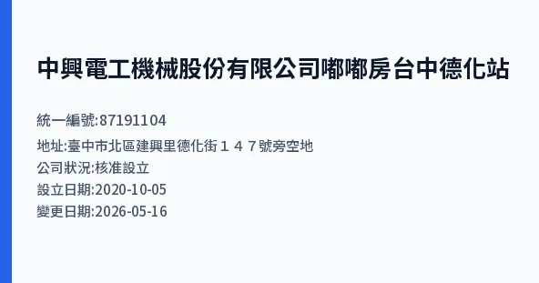 中興電工機械股份有限公司嘟嘟房台中德化站的照片-統編 87191104(臺中市) 公司登記資料與營業項目詳細圖表