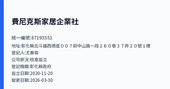 費尼克斯家居企業社的照片-統編 87193551(彰化縣) 公司登記資料與營業項目詳細圖表