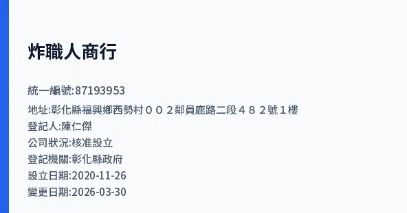 炸職人商行的照片-統編 87193953(彰化縣) 公司登記資料與營業項目詳細圖表