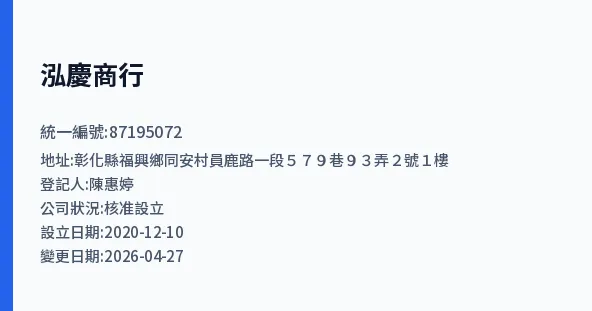 泓慶商行的照片-統編 87195072(彰化縣) 公司登記資料與營業項目詳細圖表
