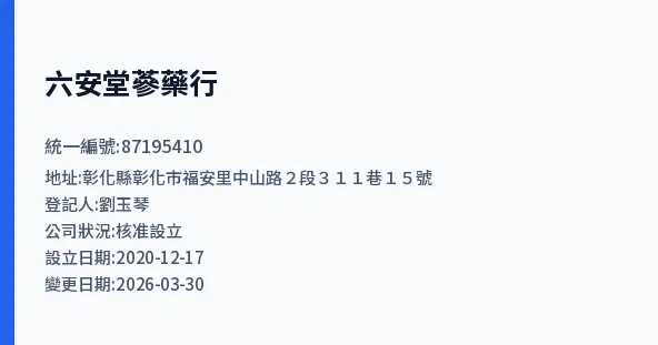 六安堂蔘藥行的照片-統編 87195410(彰化縣) 公司登記資料與營業項目詳細圖表