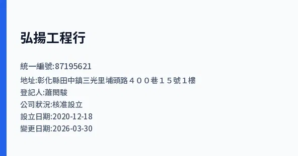 弘揚工程行的照片-統編 87195621(彰化縣) 公司登記資料與營業項目詳細圖表