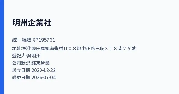 明州企業社的照片-統編 87195761(彰化縣) 公司登記資料與營業項目詳細圖表