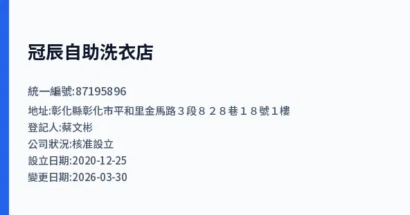 冠辰自助洗衣店的照片-統編 87195896(彰化縣) 公司登記資料與營業項目詳細圖表