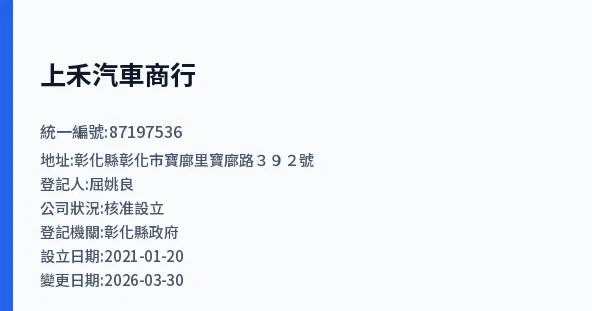 上禾汽車商行的照片-統編 87197536(彰化縣) 公司登記資料與營業項目詳細圖表